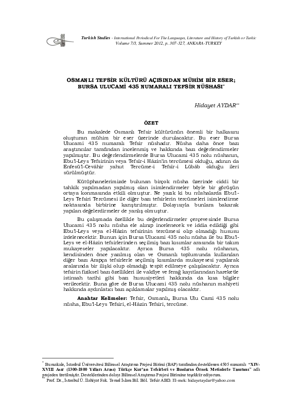 (PDF) OSMANLI TEFSİR KÜLTÜRÜ AÇISINDAN MÜHİM BİR ESER; BURSA ULUCAMİ ...
