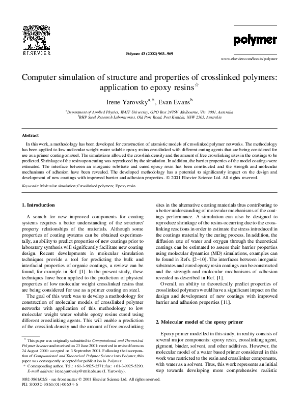 Pdf Computer Simulation Of Structure And Properties Of Crosslinked Polymers Application To