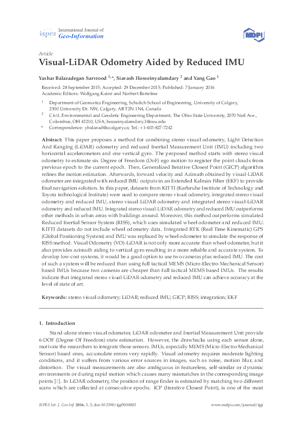 (PDF) Visual-LiDAR Odometry Aided by Reduced IMU