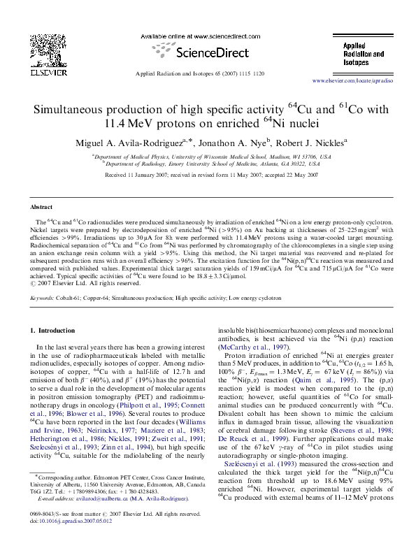 (PDF) Simultaneous production of high specific activity 64Cu and 61Co ...