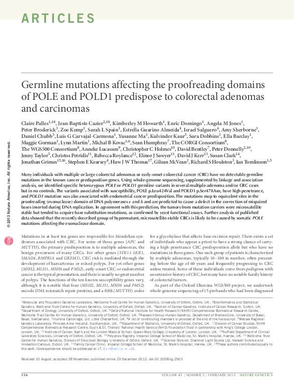 (PDF) Germline mutations affecting the proofreading domains of POLE and ...