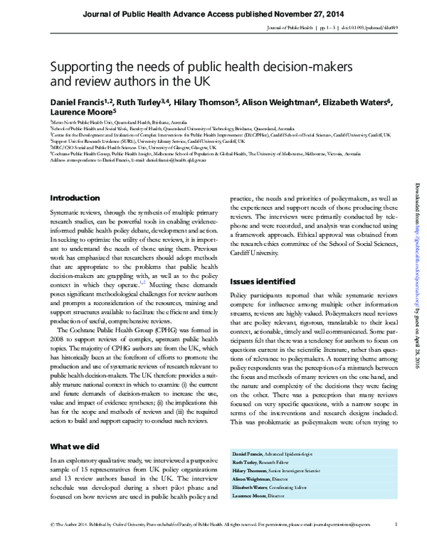 (PDF) Supporting the needs of public health decision-makers and review ...