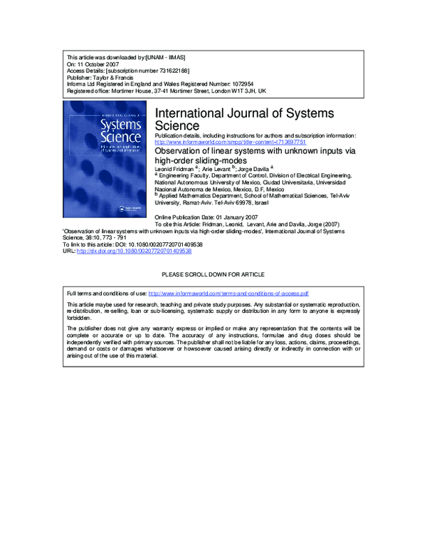 Pdf Observation Of Linear Systems With Unknown Inputs Via High Order Sliding Modes