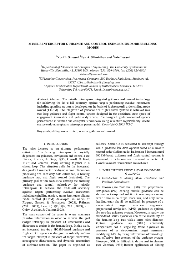 Pdf Guidance And Control Of Missile Interceptor Using Second Order Sliding Modes