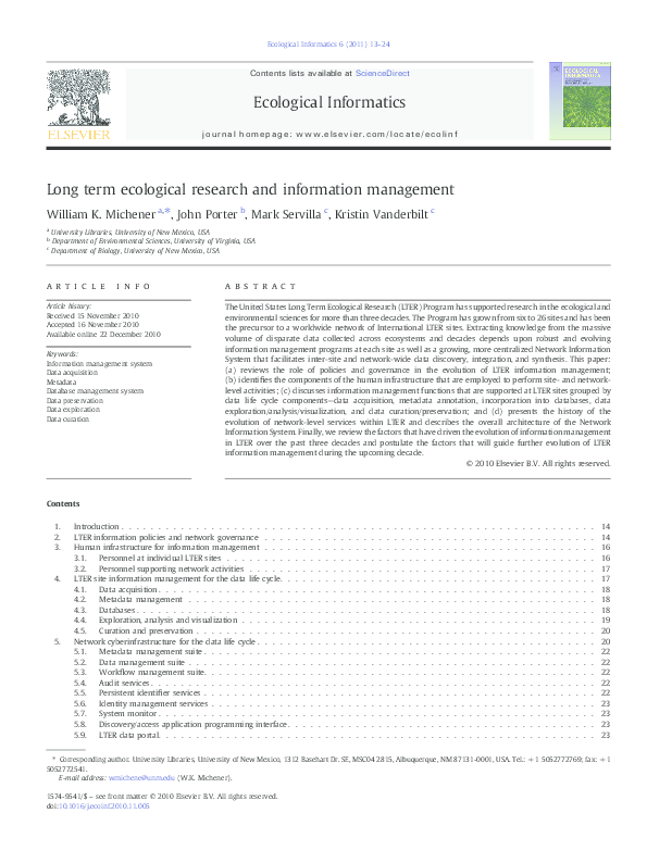 (PDF) Long term ecological research and information management