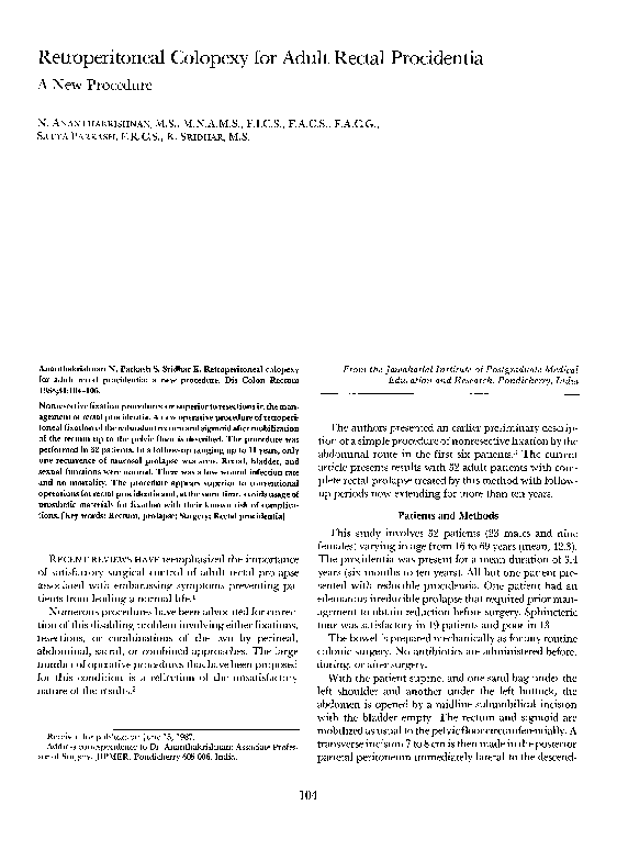 (PDF) Retroperitoneal colopexy for adult rectal procidentia | N ...