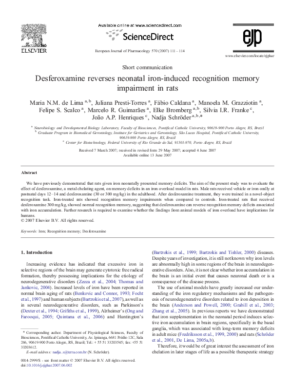 (PDF) Desferoxamine reverses neonatal iron-induced recognition memory ...