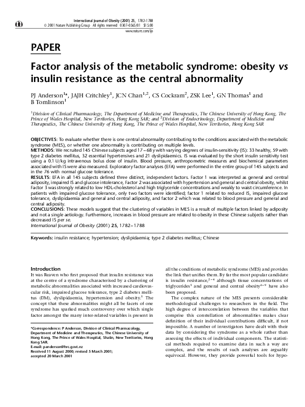 (PDF) Factor analysis of the metabolic syndrome: obesity vs insulin ...