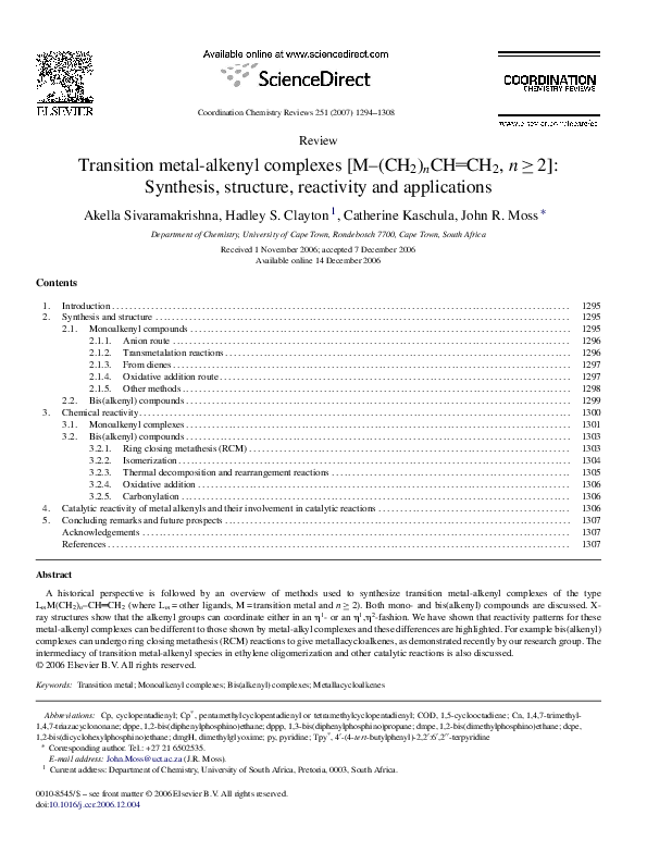 (PDF) Transition metal-alkenyl complexes [M–(CH2)nCHCH2, n≥2 ...