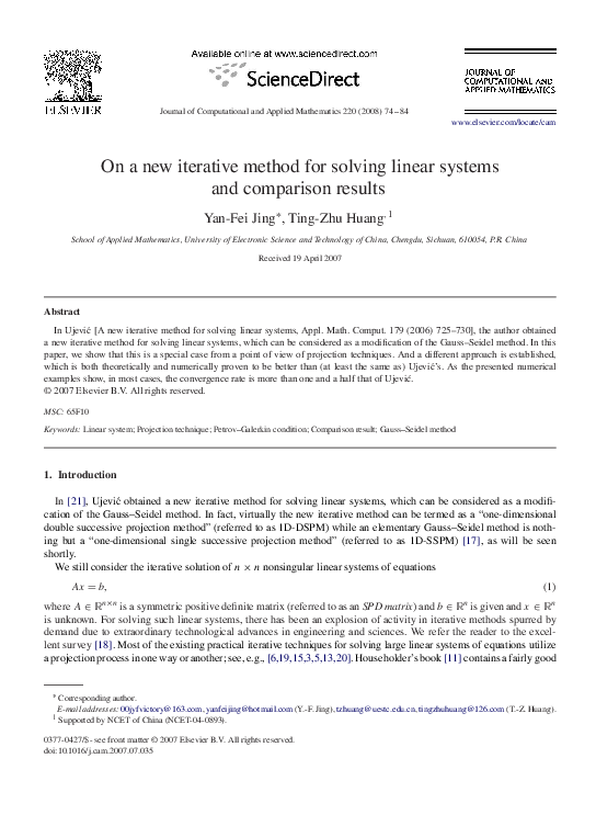 Pdf On A New Iterative Method For Solving Linear Systems And