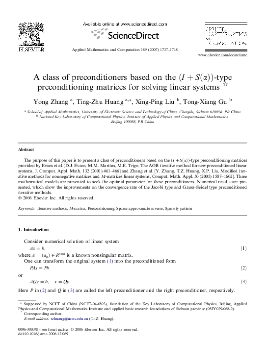 Pdf A Class Of Preconditioners Based On The Type Preconditioning Matrices For Solving Linear