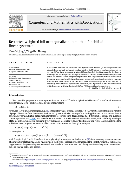 (PDF) Restarted weighted full orthogonalization method for shifted linear systems