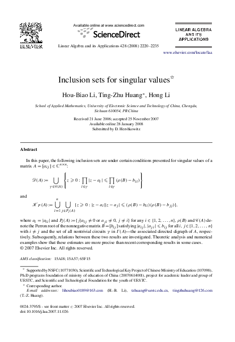 (PDF) Inclusion sets for singular values
