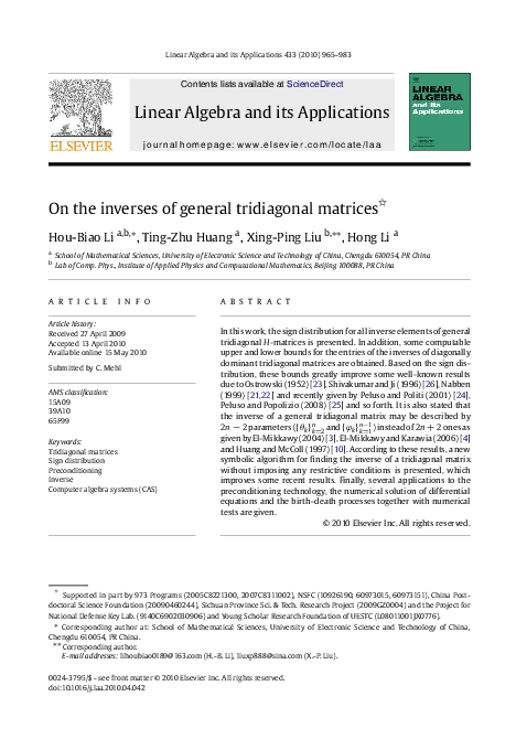 (PDF) On the inverses of general tridiagonal matrices | Ting-zhu Huang - Academia.edu