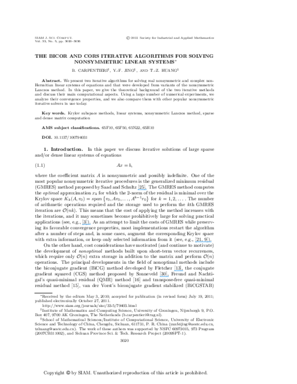 Pdf The Bicor And Cors Iterative Algorithms For Solving Nonsymmetric Linear Systems