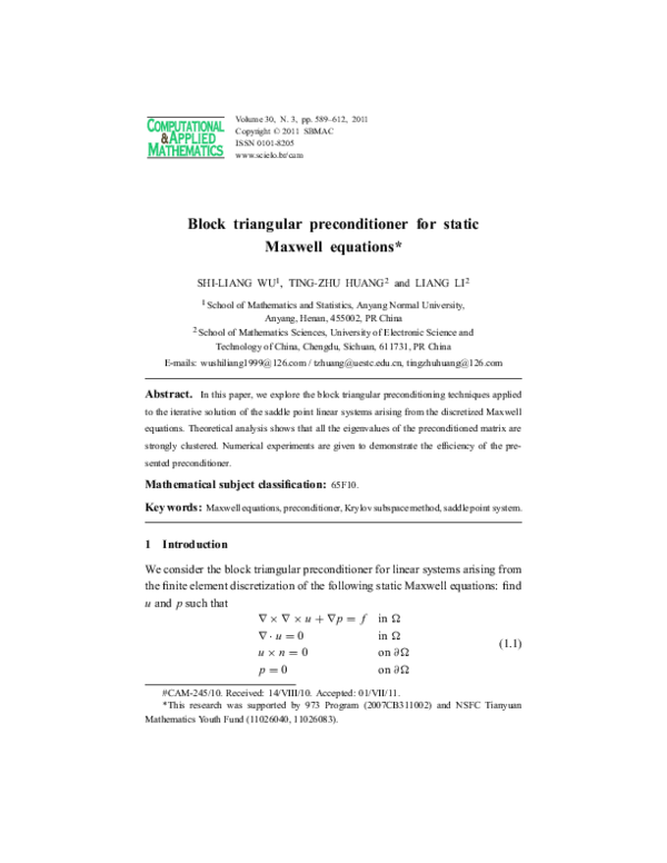 Pdf Block Triangular Preconditioner For Static Maxwell Equations
