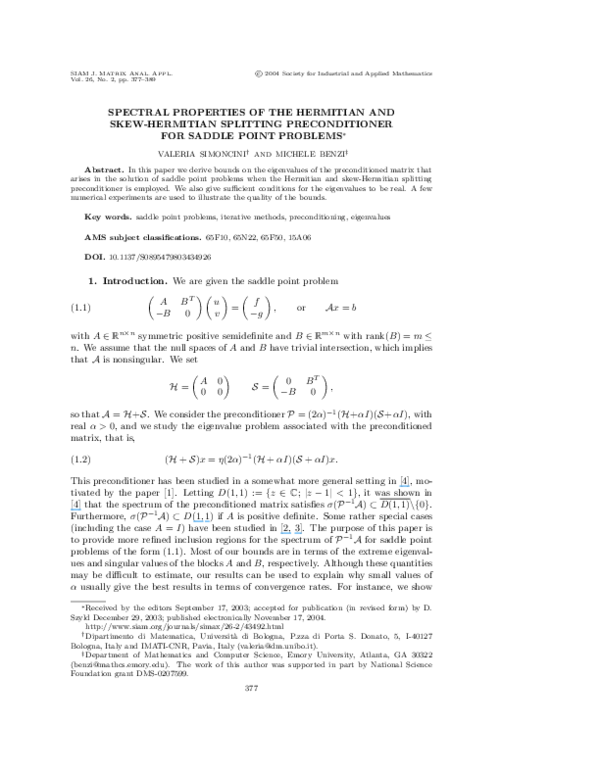 (PDF) The spectral properties of the Hermitian and skew-Hermitian splitting preconditioner for ...