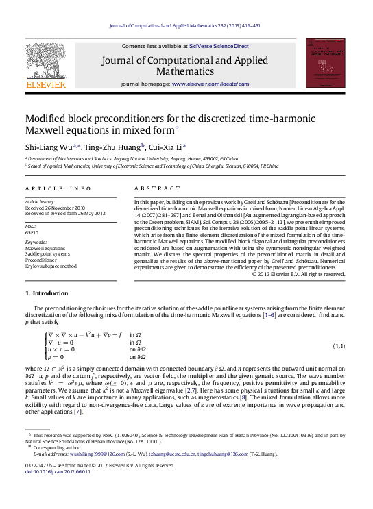 (PDF) Modified block preconditioners for the discretized time-harmonic Maxwell equations in ...