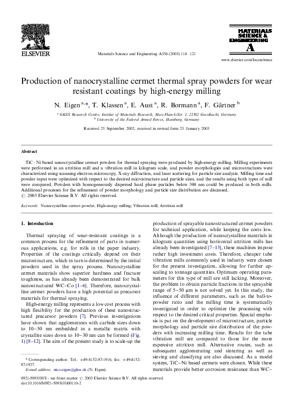 (PDF) Production of nanocrystalline cermet thermal spray powders for ...