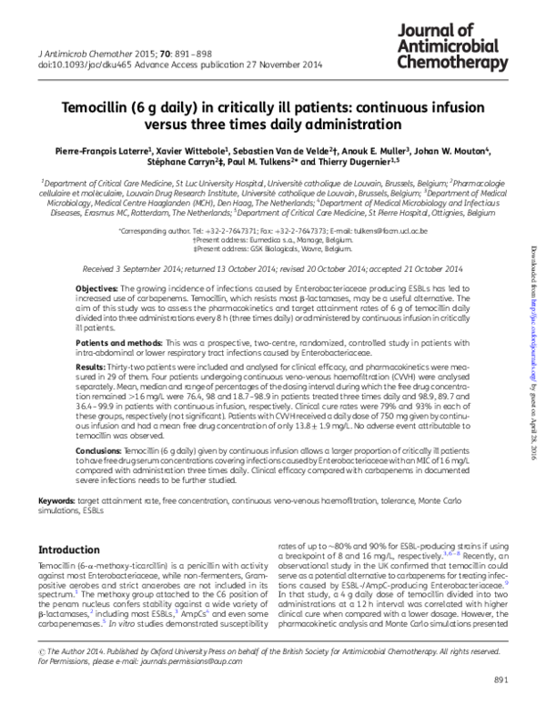 (PDF) Temocillin (6 g daily) in critically ill patients: continuous ...