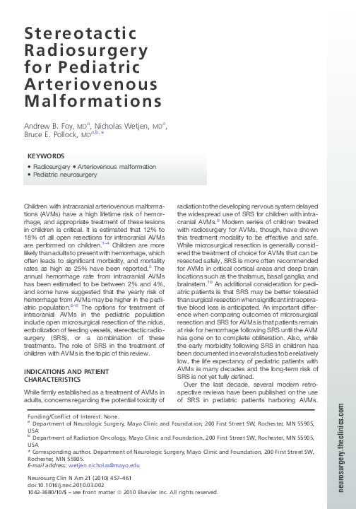 Pdf Stereotactic Radiosurgery For Pediatric Arteriovenous Malformations