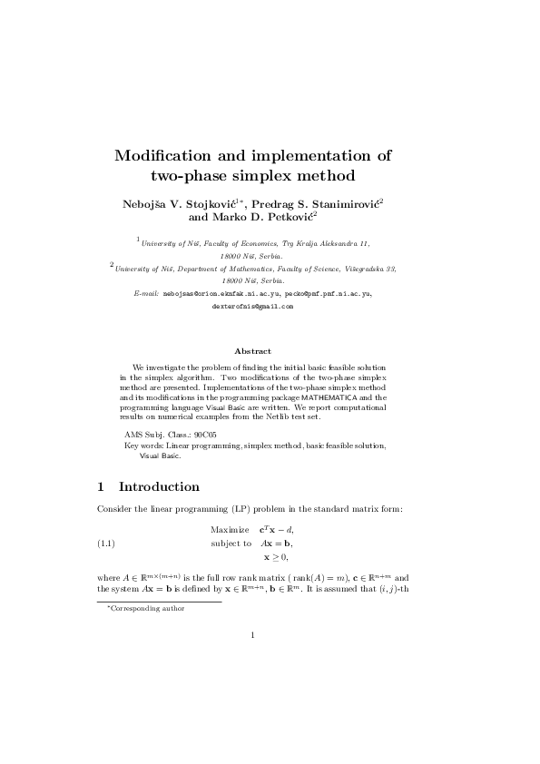 (PDF) Modification and implementation of two-phase simplex method