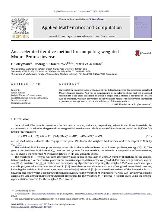 Pdf An Accelerated Iterative Method For Computing Weighted Moore Penrose Inverse Predrag