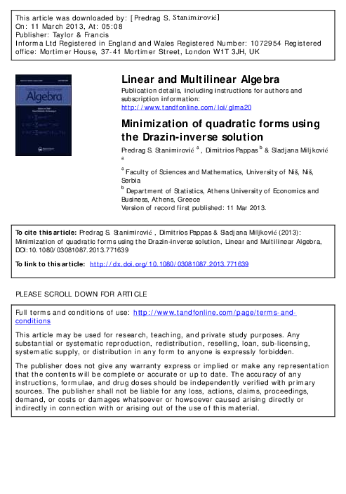 Pdf Minimization Of Quadratic Forms Using The Drazin Inverse Solution