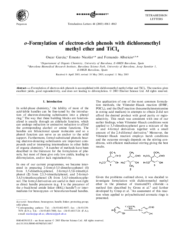 (PDF) o-Formylation of electron-rich phenols with dichloromethyl methyl ...