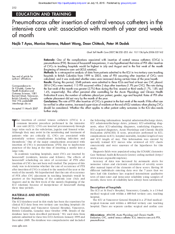 (PDF) Pneumothorax after insertion of central venous catheters in the ...