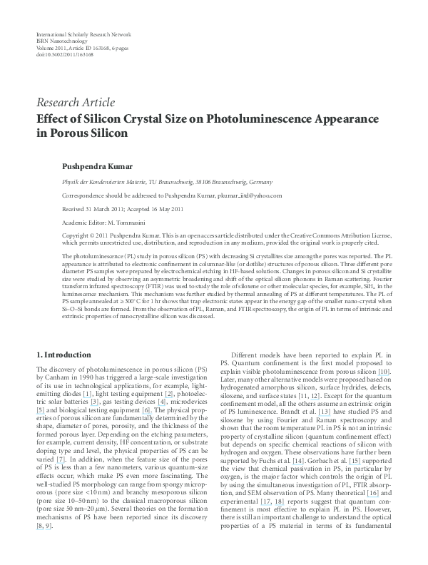 (PDF) Effect of Silicon Crystal Size on Photoluminescence Appearance in Porous Silicon