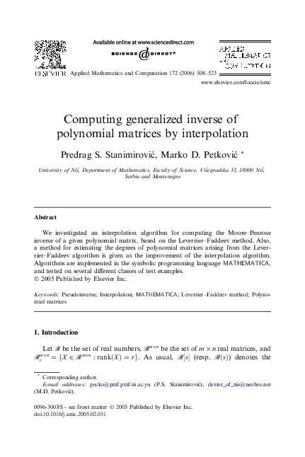 Pdf Computing Generalized Inverse Of Polynomial Matrices By Interpolation