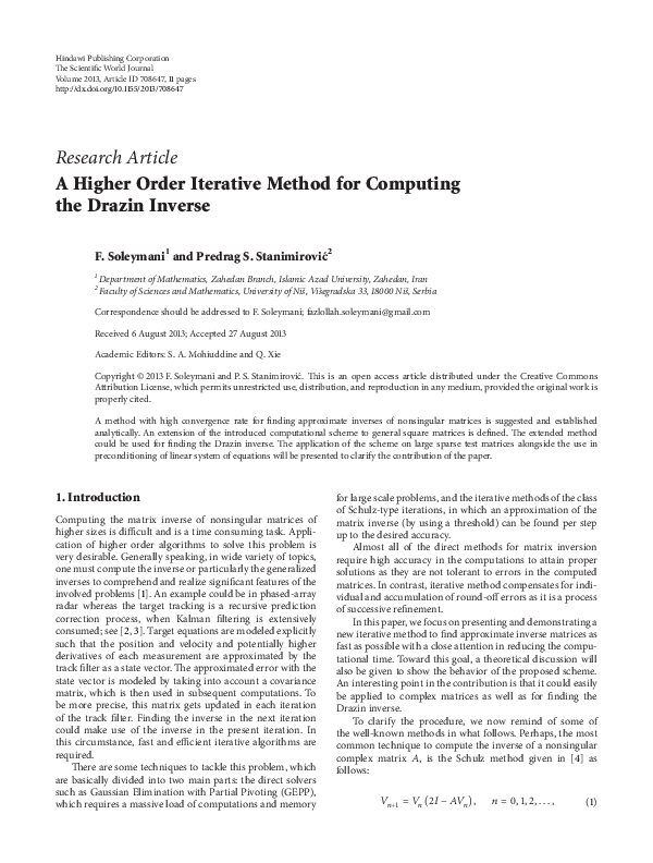 Pdf A Higher Order Iterative Method For Computing The Drazin Inverse