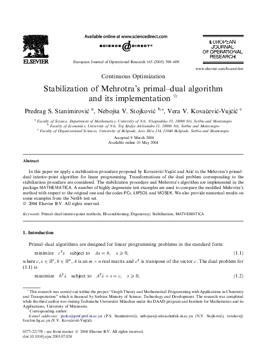 (PDF) Stabilization of Mehrotra's primal–dual algorithm and its ...