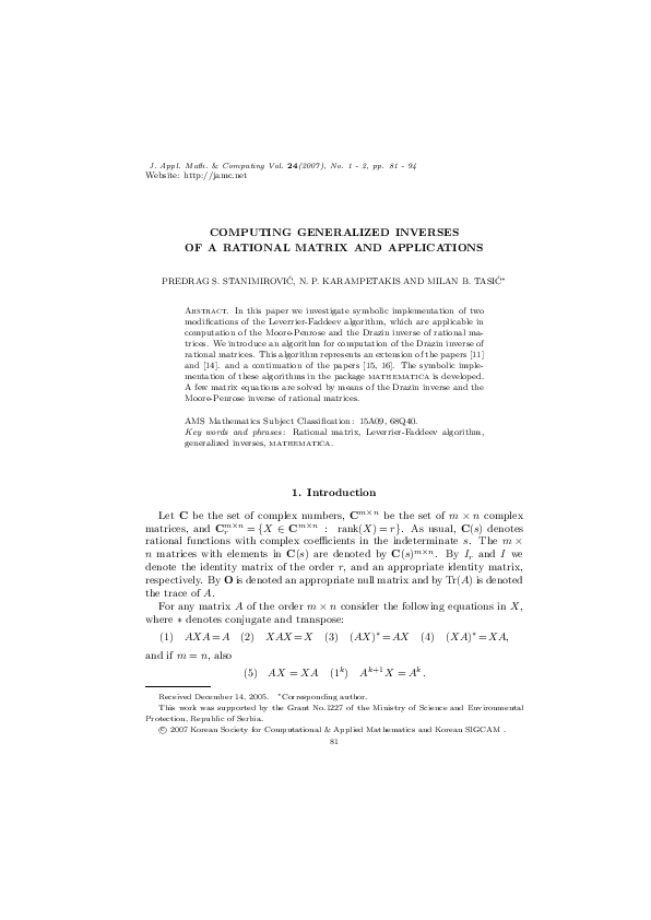 Pdf Computing Generalized Inverses Of A Rational Matrix And Applications