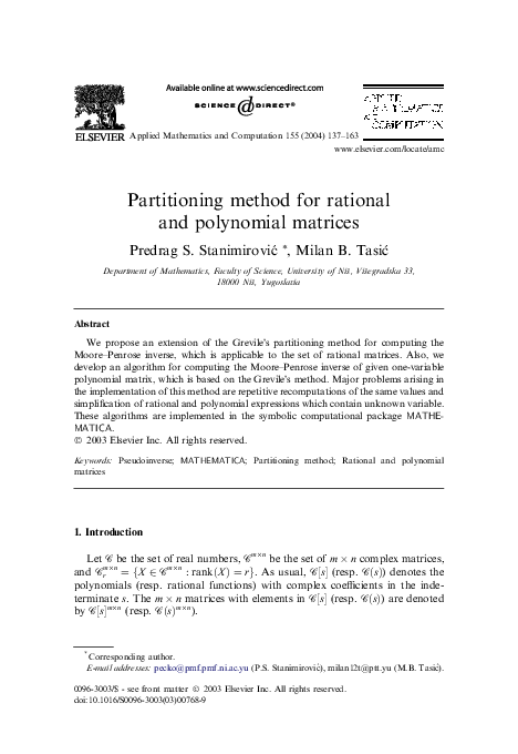 (PDF) Partitioning method for rational and polynomial matrices