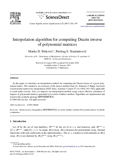 Pdf Interpolation Algorithm For Computing Drazin Inverse Of