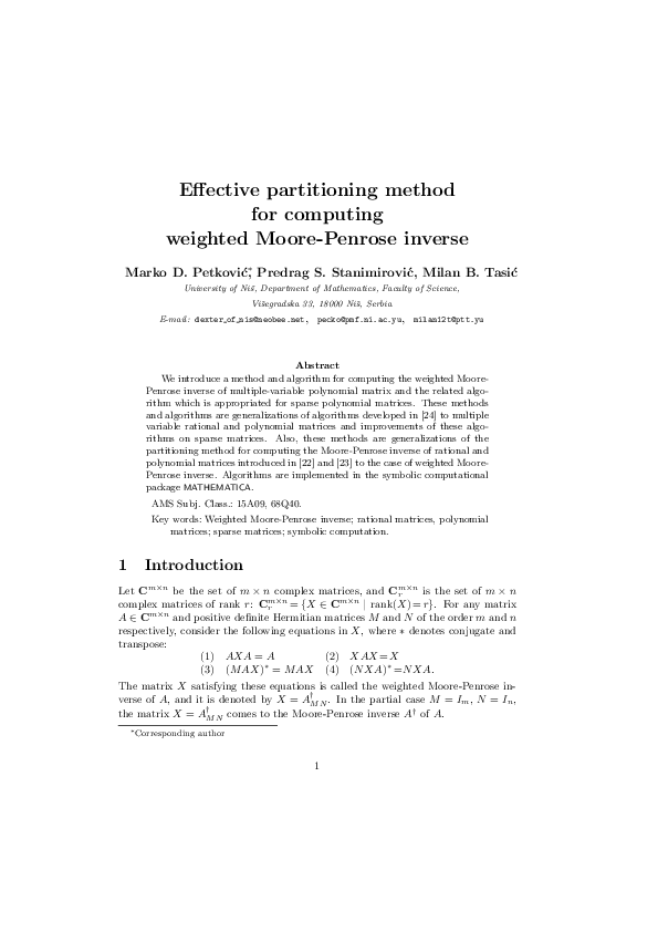 (PDF) Effective partitioning method for computing weighted Moore–Penrose inverse