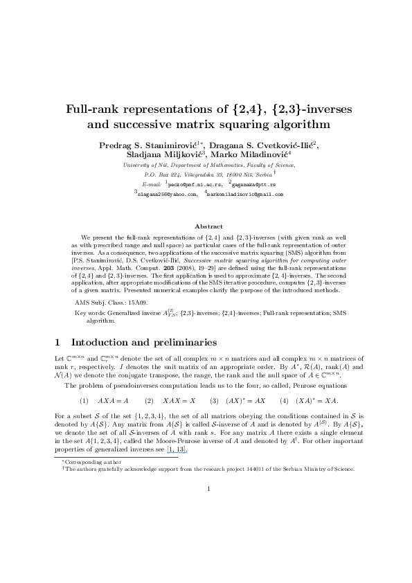 Pdf Full Rank Representations Of 24 23 Inverses And Successive Matrix Squaring Algorithm