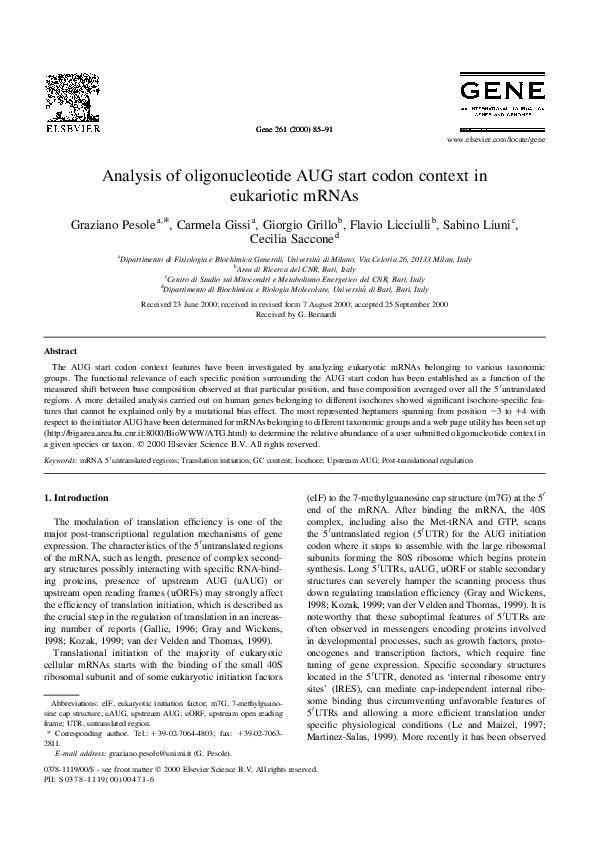 (PDF) Analysis of oligonucleotide AUG start codon context in eukariotic ...