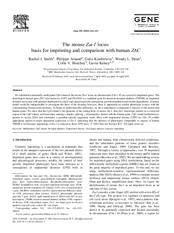(PDF) The mouse Zac1 locus: basis for imprinting and comparison with ...