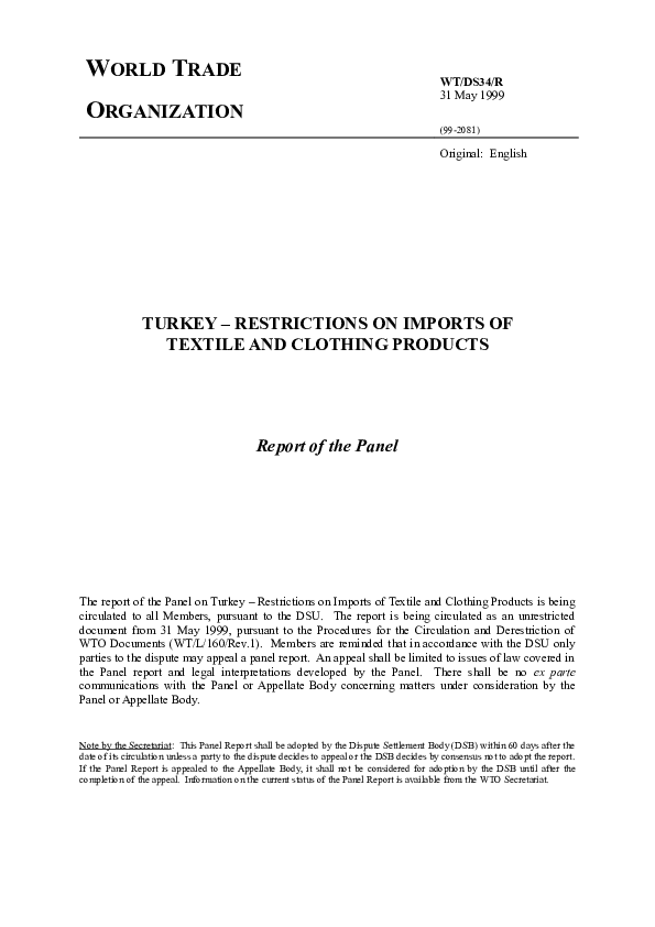 (DOC) TURKEY – RESTRICTIONS ON IMPORTS OF TEXTILE AND CLOTHING PRODUCTS ...