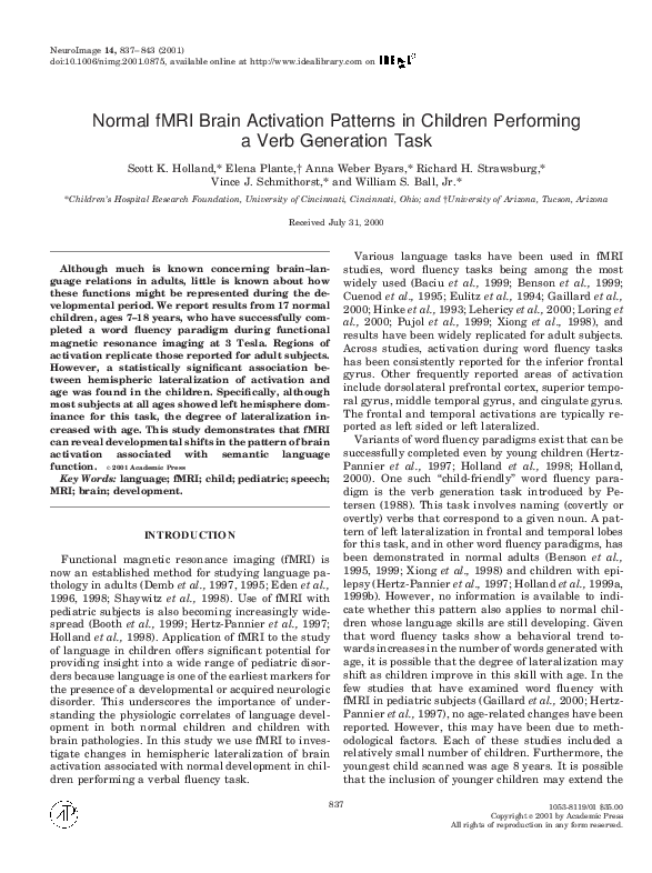 (PDF) Normal fMRI Brain Activation Patterns in Children Performing a Verb Generation Task