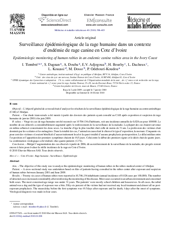 (PDF) Surveillance épidémiologique de la rage humaine dans un contexte ...