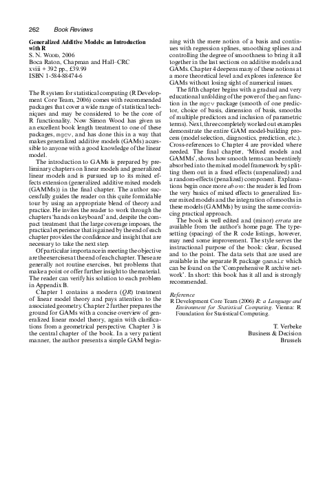 (PDF) Generalized Additive Models: An Introduction with R. by S. N. WOOD