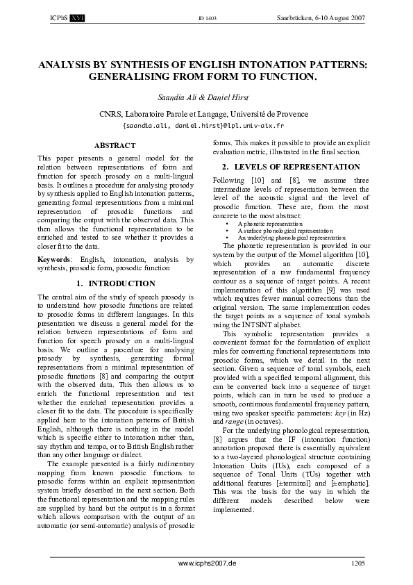 Pdf Analysis By Synthesis Of English Intonation Patterns Generalising From Form To Function