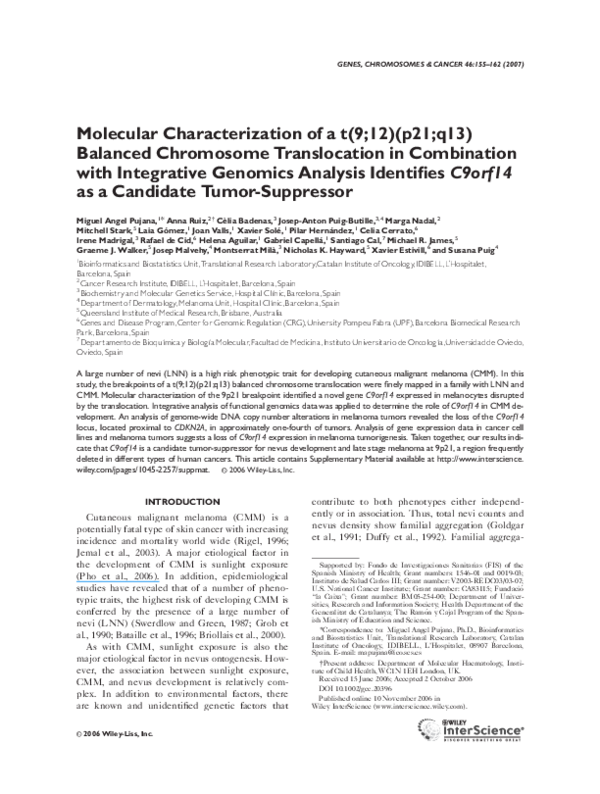 (PDF) Molecular characterization of a t(9;12)(p21;q13) balanced chromosome translocation in ...