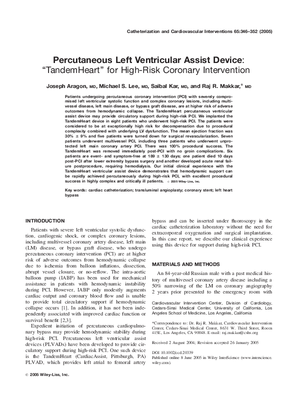 (PDF) Percutaneous left ventricular assist device: “TandemHeart” for high-risk coronary intervention