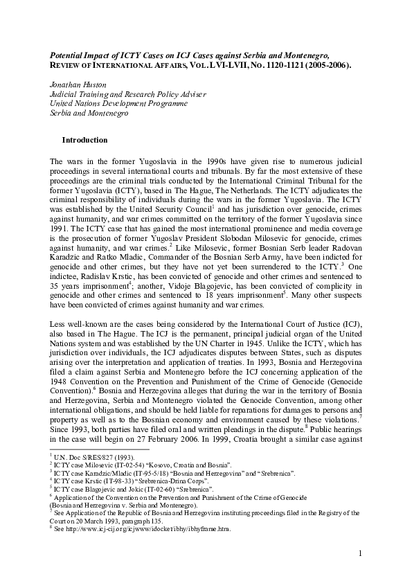 (PDF) Potential Impact of ICTY Cases on ICJ Cases against Serbia and Montenegro