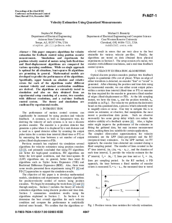 (PDF) Velocity estimation using quantized measurements | Michael ...